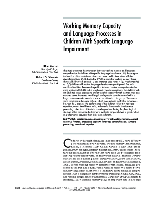 (PDF) Working Memory Capacity and Language Processes in Children With Specific Language Impairment