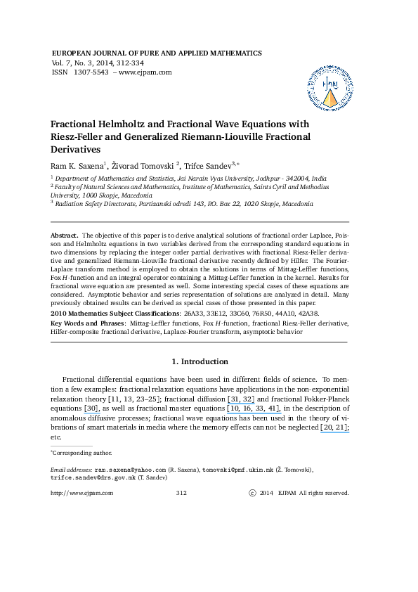 Pdf Fractional Helmholtz And Fractional Wave Equations With Riesz Feller And Generalized