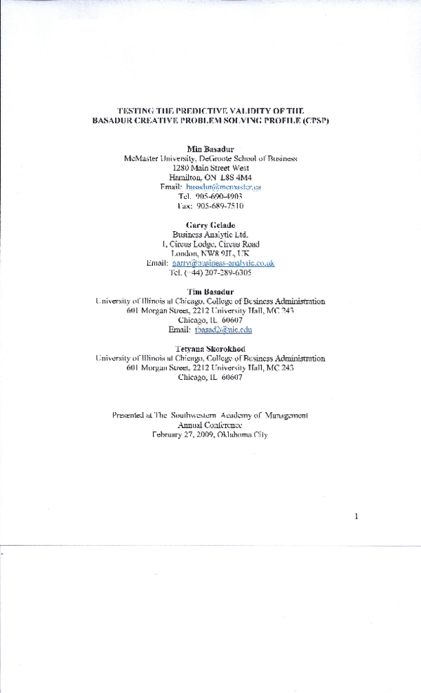 (PDF) TESTING THE PREDICTIVE VALIDITY OF THE BASADUR CREATIVE PROBLEM ...