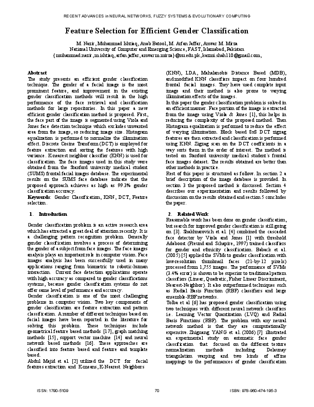 Pdf Feature Selection For Efficient Gender Classification Arfan