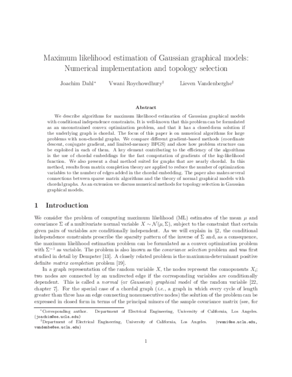 Pdf Maximum Likelihood Estimation Of Gaussian Graphical Models Numerical Implementation And