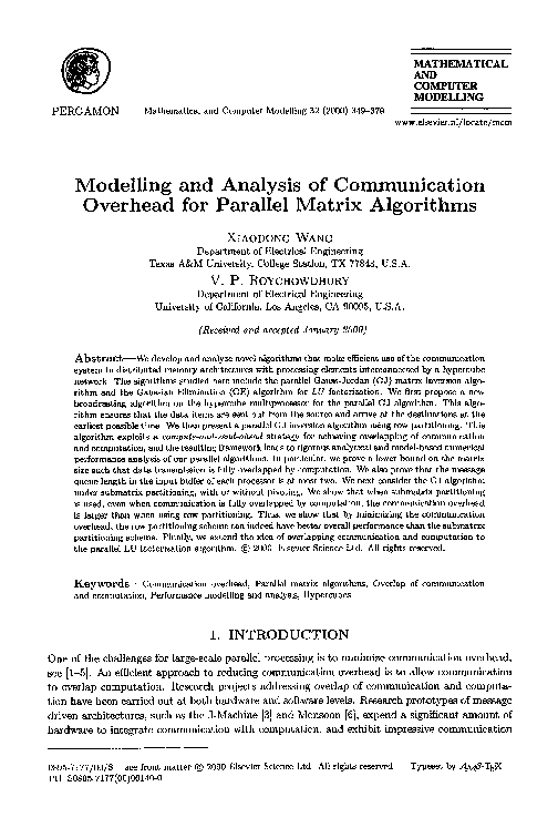 Pdf Modelling And Analysis Of Communication Overhead For Parallel Matrix Algorithms Vwani
