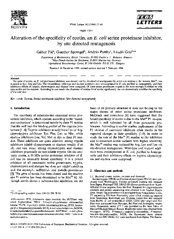(PDF) Alteration of the specificity of ecotin, an E. coli serine ...