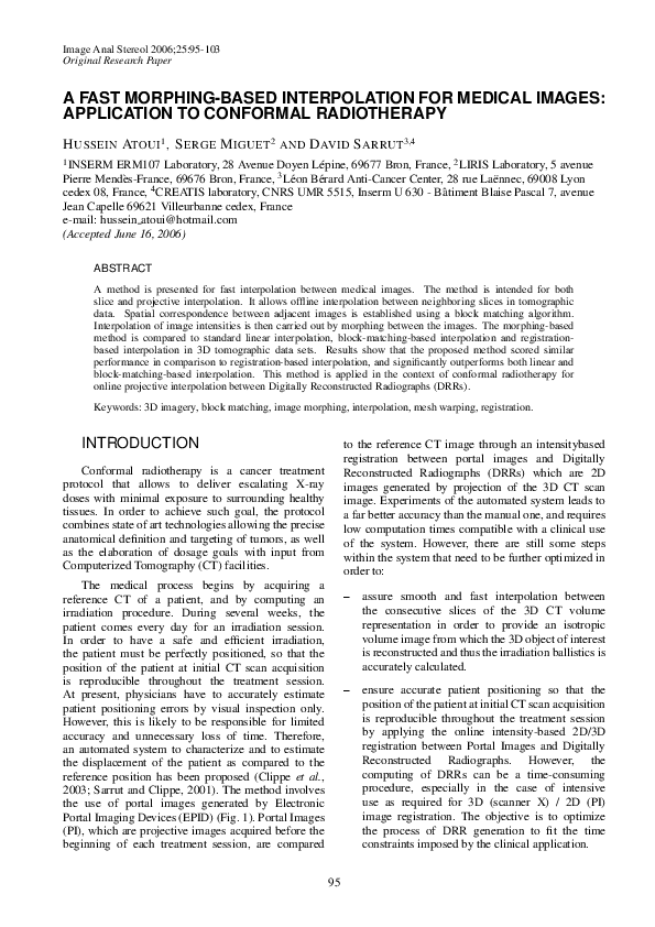 (PDF) A FAST MORPHING-BASED INTERPOLATION FOR MEDICAL IMAGES: APPLICATION TO CONFORMAL RADIOTHERAPY