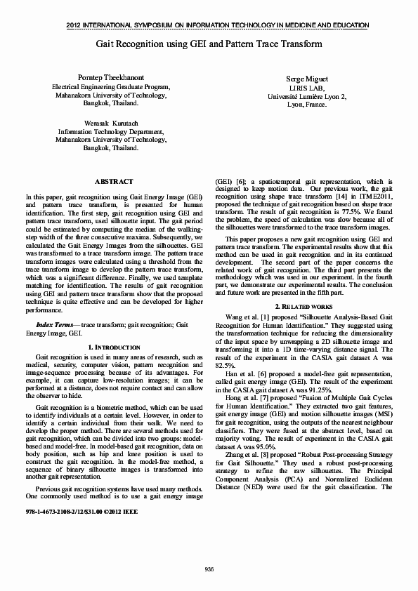 (PDF) Gait recognition using GEI and pattern trace transform
