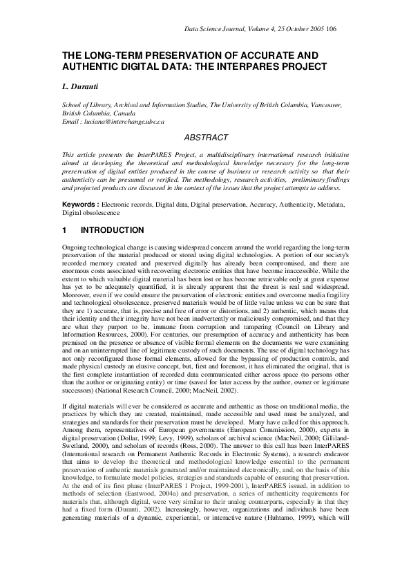 (PDF) The long-term preservation of accurate and authentic digital data ...