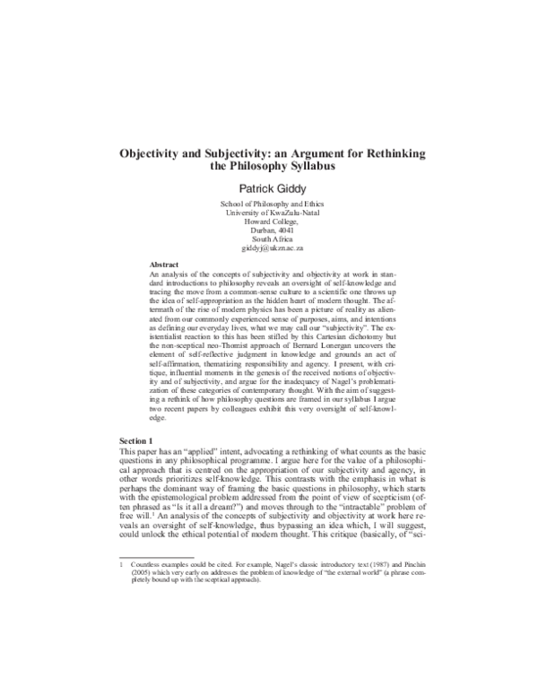 (PDF) Objectivity and Subjectivity: an Argument for Rethinking the ...