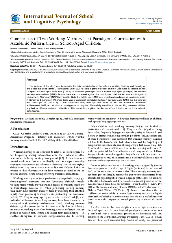 (PDF) Comparison of Two Working Memory Test Paradigms: Correlation with ...