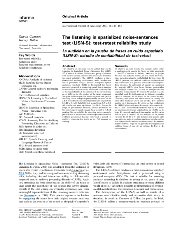(PDF) The listening in spatialized noise-sentences test (LISN-S): test ...