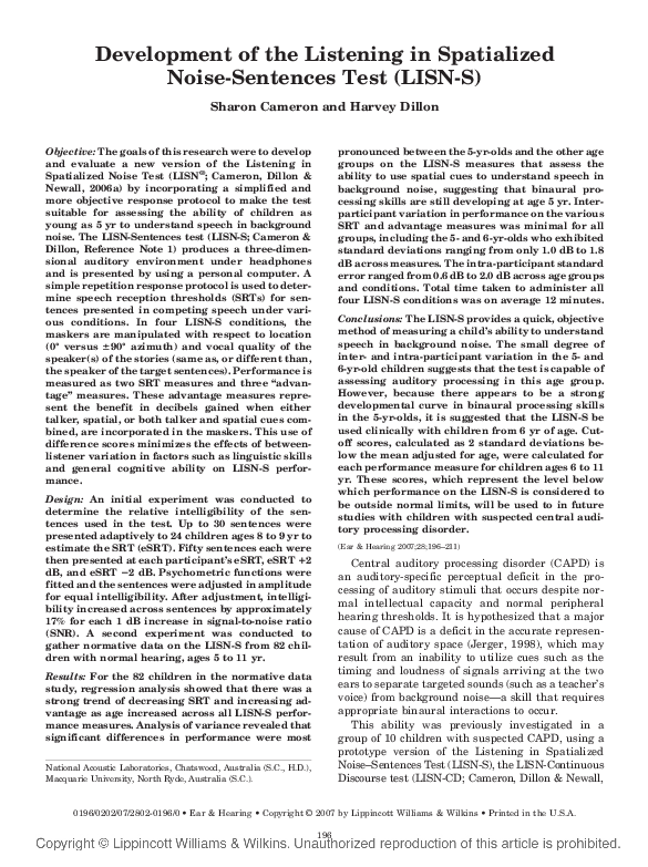(PDF) Development of the Listening in Spatialized Noise-Sentences Test ...