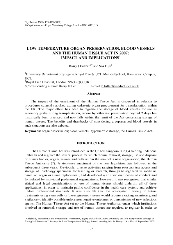 (PDF) Low temperature organ preservation, blood vessels and the Human Tissue Act in 2007: impact ...