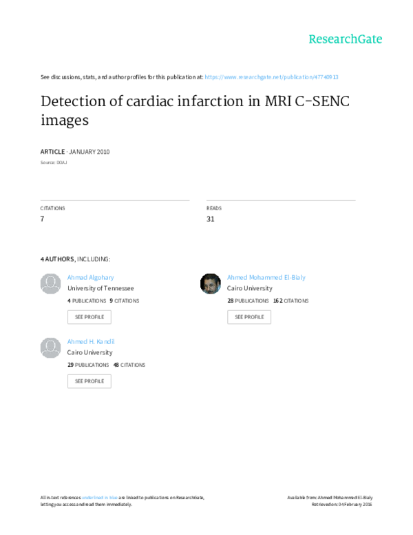 (PDF) Detection of cardiac infarction in MRI C-SENC images