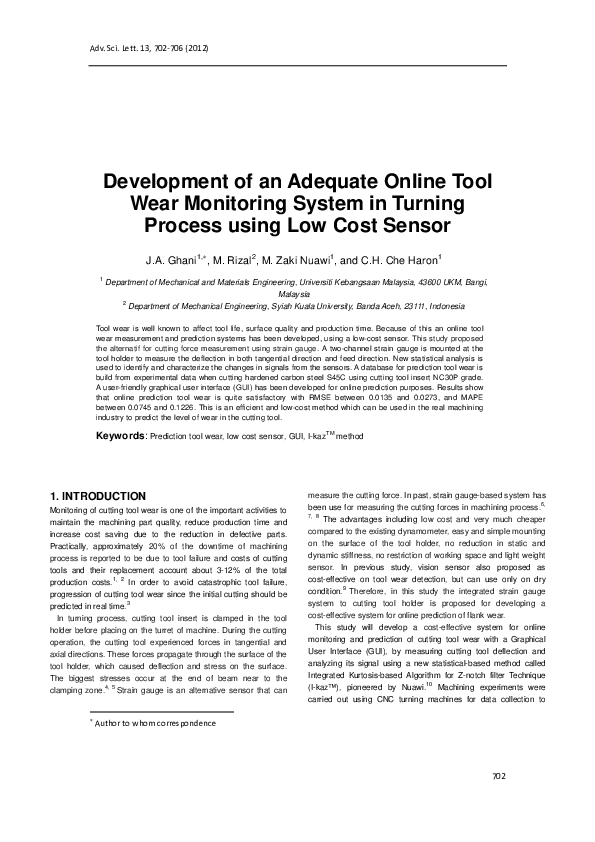 Pdf Development Of An Adequate Online Tool Wear Monitoring System In Turning Process Using Low
