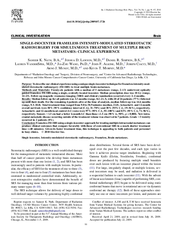 (PDF) Single-Isocenter Frameless Intensity-Modulated Stereotactic Radiosurgery for Simultaneous ...