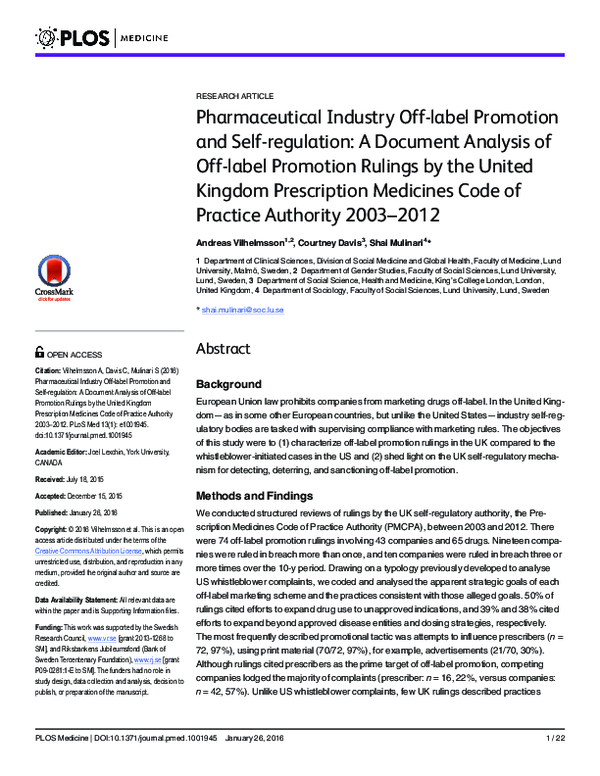 (PDF) Pharmaceutical Industry Off-label Promotion and Self-regulation ...