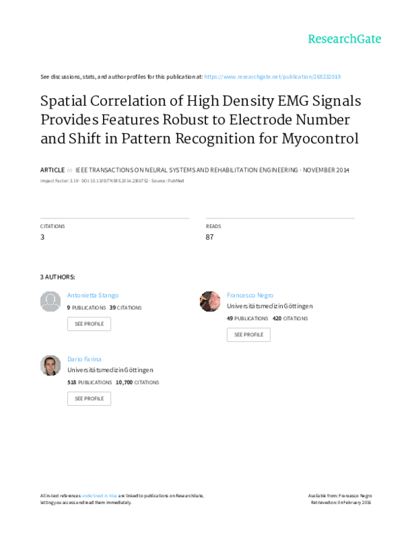 Pdf Spatial Correlation Of High Density Emg Signals Provides Features Robust To Electrode