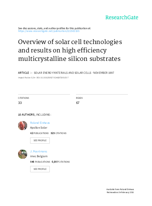 (PDF) Overview of solar cell technologies and results on high efficiency multicrystalline ...