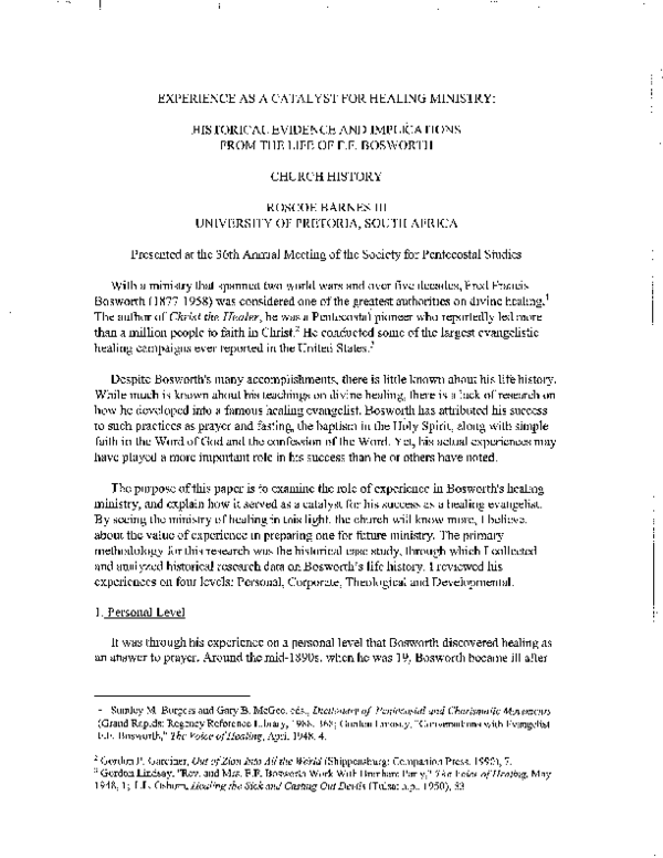 (PDF) Experience as a Catalyst for Healing Ministry: Historical ...