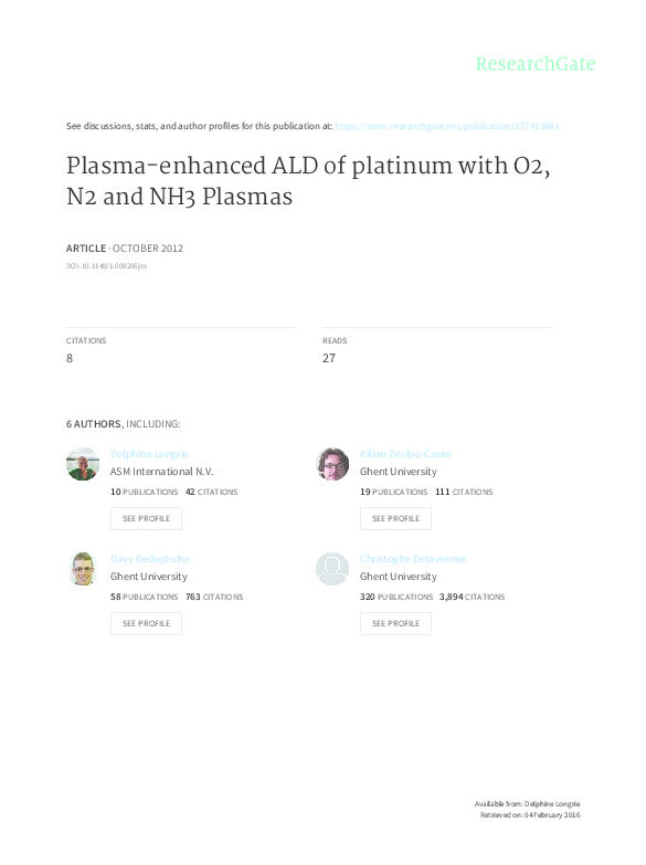 (PDF) Plasma-Enhanced ALD of Platinum with O2, N2 and NH3 Plasmas
