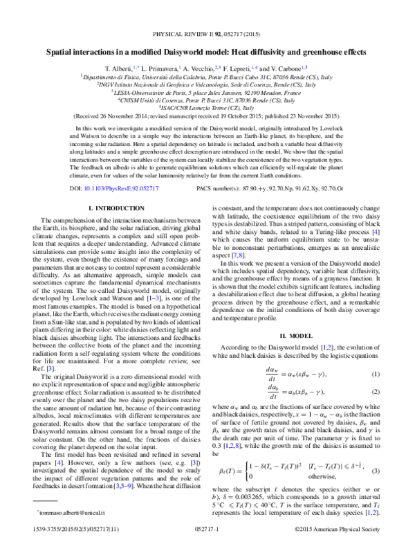 (PDF) Spatial interactions in a modified Daisyworld model: Heat diffusivity and greenhouse effects