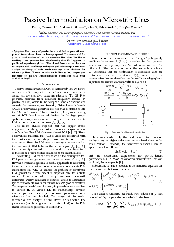 Pdf Passive Intermodulation On Microstrip Lines