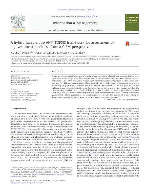 (PDF) A hybrid fuzzy group ANP–TOPSIS framework for assessment of e-government readiness from a ...