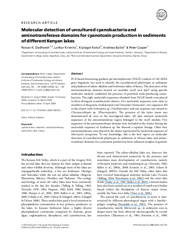 (PDF) Molecular detection of uncultured cyanobacteria and aminotransferase domains for ...