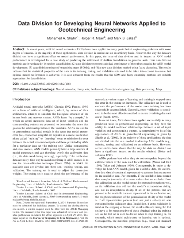 (PDF) Data Division for Developing Neural Networks Applied to Geotechnical Engineering