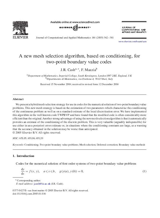 (PDF) A new mesh selection algorithm, based on conditioning, for two-point boundary value codes