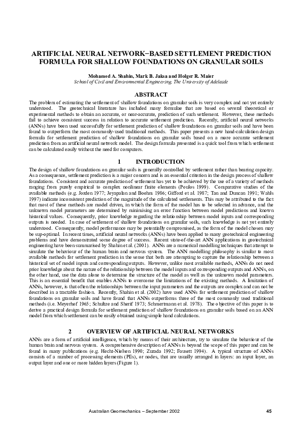 (PDF) Artificial neural network-based settlement prediction formula for shallow foundations on ...