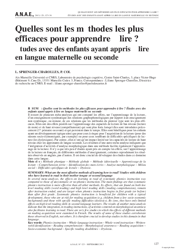(PDF) Quelles sont les méthodes les plus efficicaces pour apprendre à lire? Etudes avec des ...