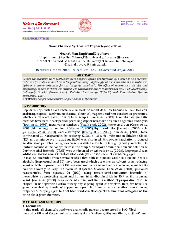 (PDF) Nature & Environment Green Chemical Synthesis of Copper Nanoparticles (PDF) Nature & Environment Green Chemical Synthesis of Copper Nanoparticles