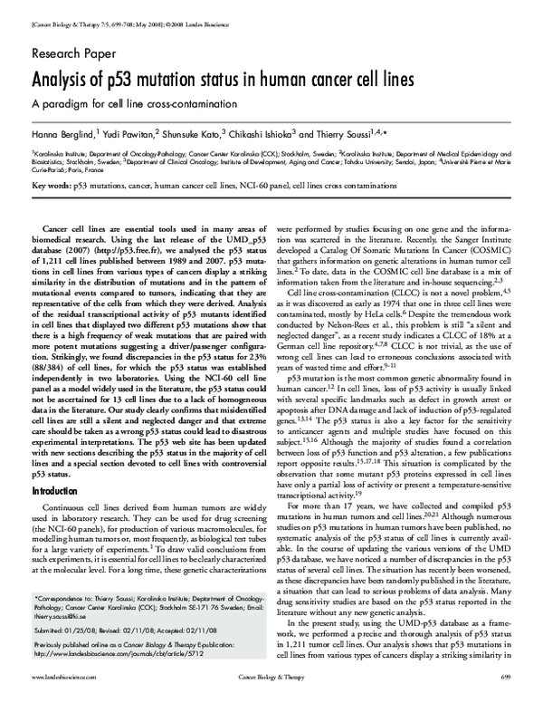 (PDF) Analysis of p53 mutation status in human cancer cell lines: a ...