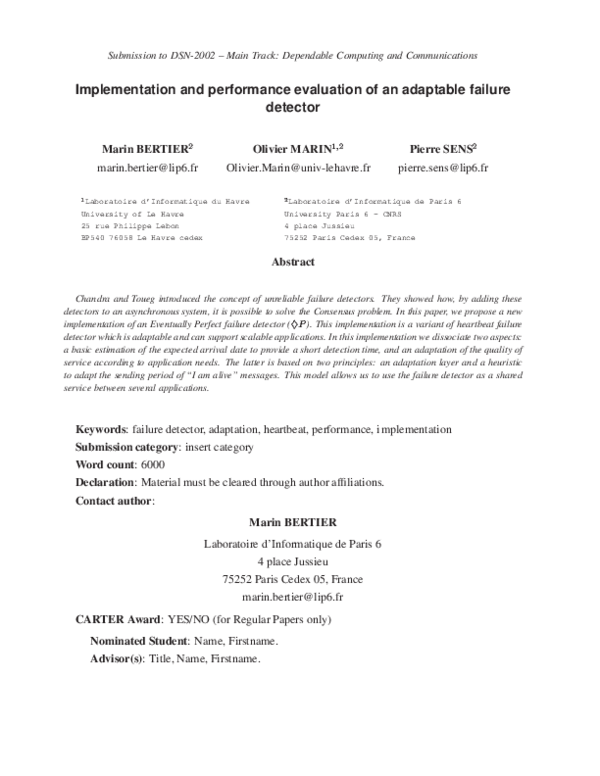 (PDF) Implementation and performance evaluation of an adaptable failure detector