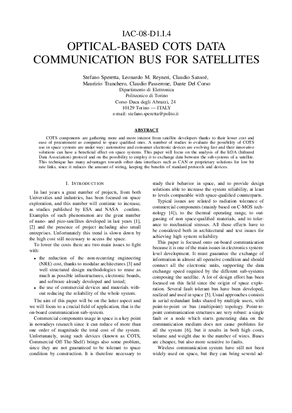 (PDF) Optical-based COTS data communication bus for satellites