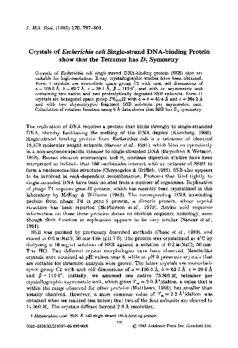 (PDF) Crystals of Escherichia coli single-strand DNA-binding protein ...