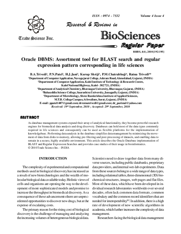 (PDF) Oracle DBMS: Assortment tool for BLAST search and regular expression pattern corresponding ...