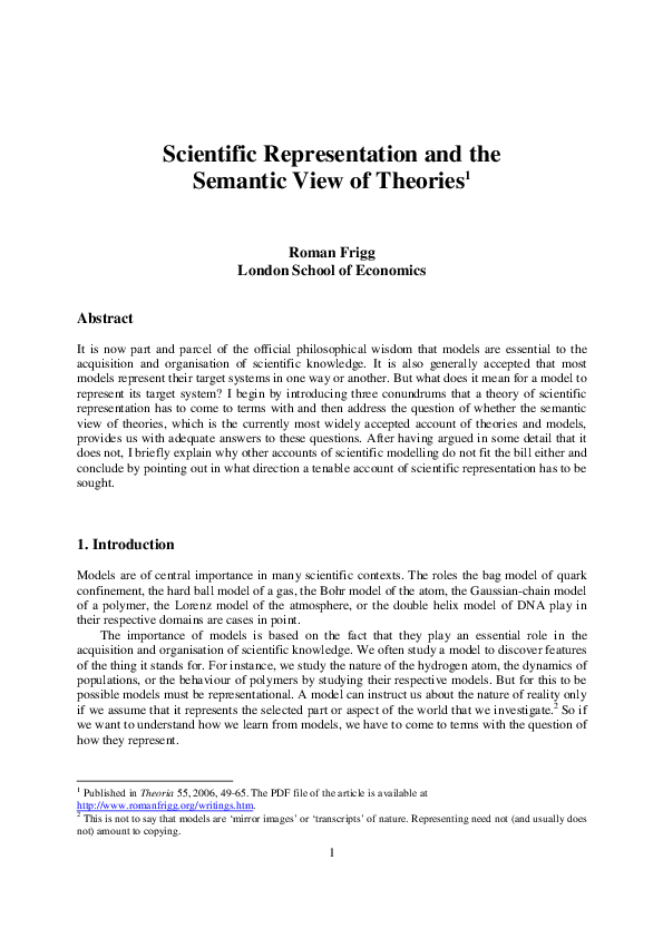 (PDF) Scientific Representation and the Semantic View of Theories 1