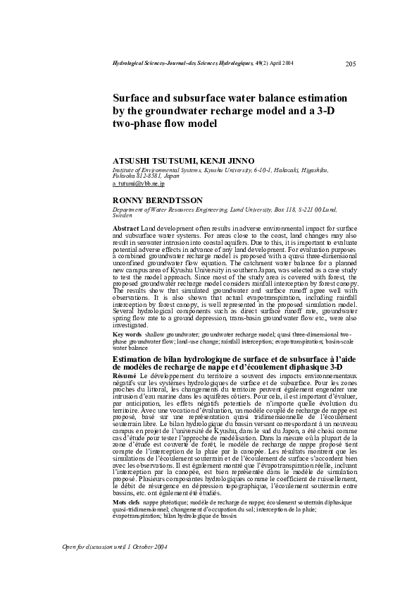 (PDF) Surface and subsurface water balance estimation by the groundwater recharge model and a 3 ...