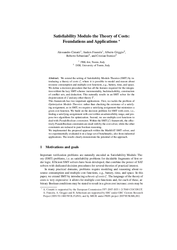 (PDF) Satisfiability Modulo the Theory of Costs: Foundations and Applications