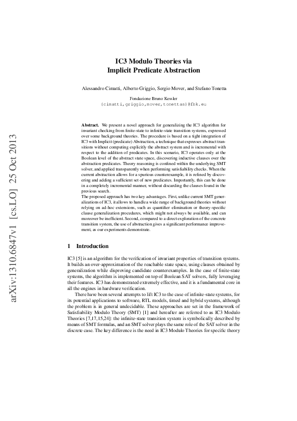 (PDF) IC3 Modulo Theories via Implicit Predicate Abstraction