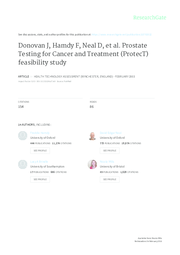 (PDF) Prostate Testing for Cancer and Treatment (ProtecT) feasibility ...