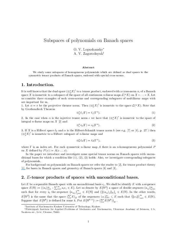 (PDF) Subspaces of polynomials on Banach spaces | Oleh Lopushansky - Academia.edu