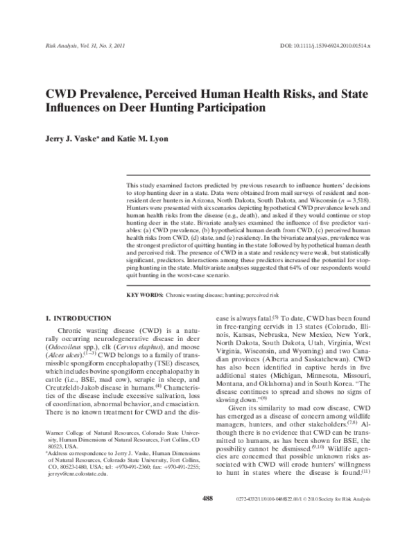 (PDF) CWD Prevalence, Perceived Human Health Risks, and State ...