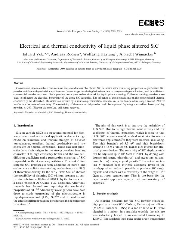 Pdf Electrical And Thermal Conductivity Of Liquid Phase Sintered Sic