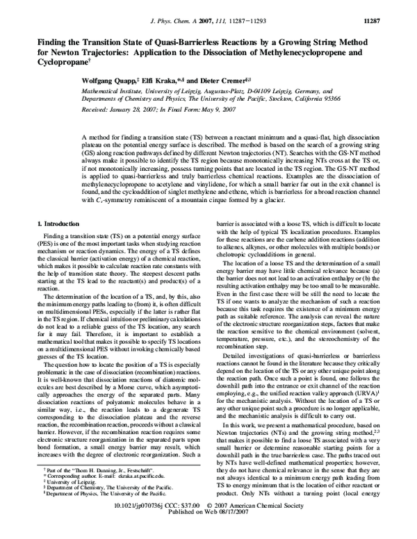 Pdf Finding The Transition State Of Quasi Barrierless Reactions By A Growing String Method For