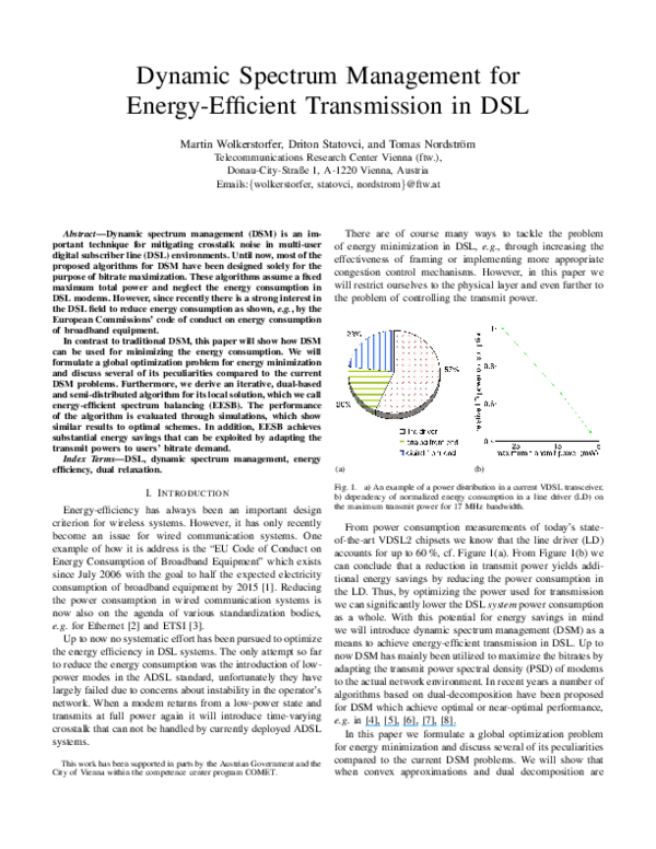Pdf Energy Efficient Dynamic Spectrum Management In Dsl