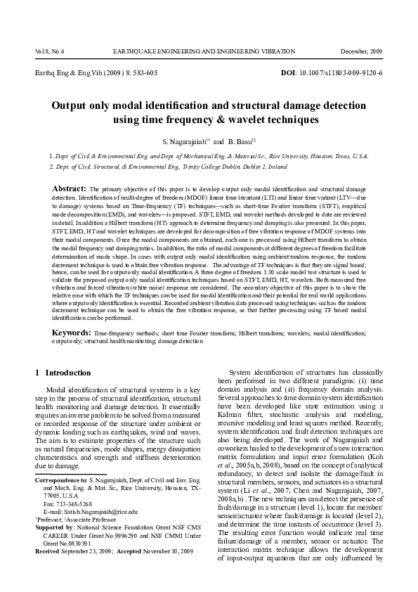(PDF) Output only modal identification and structural damage detection using time frequency ...