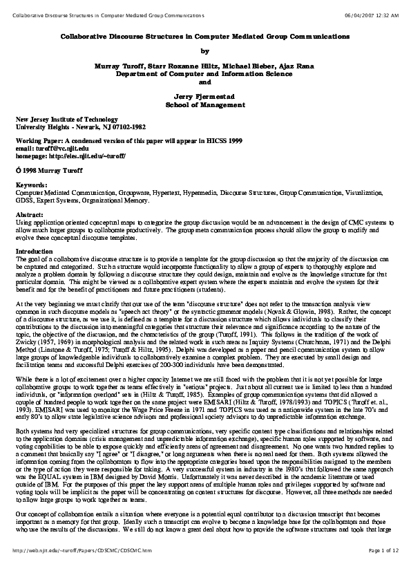 (PDF) Collaborative Discourse Structures in Computer Mediated Group Communications