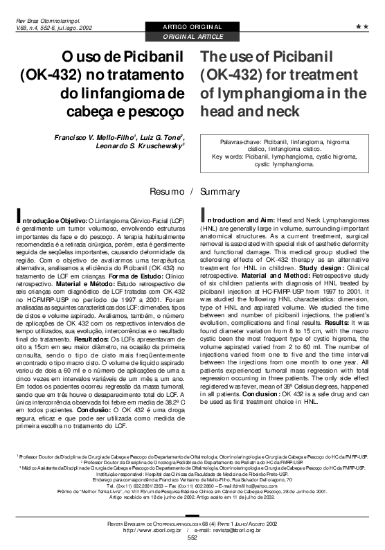 (PDF) The use of Picibanil (OK-432) for treatment of lymphangioma in ...